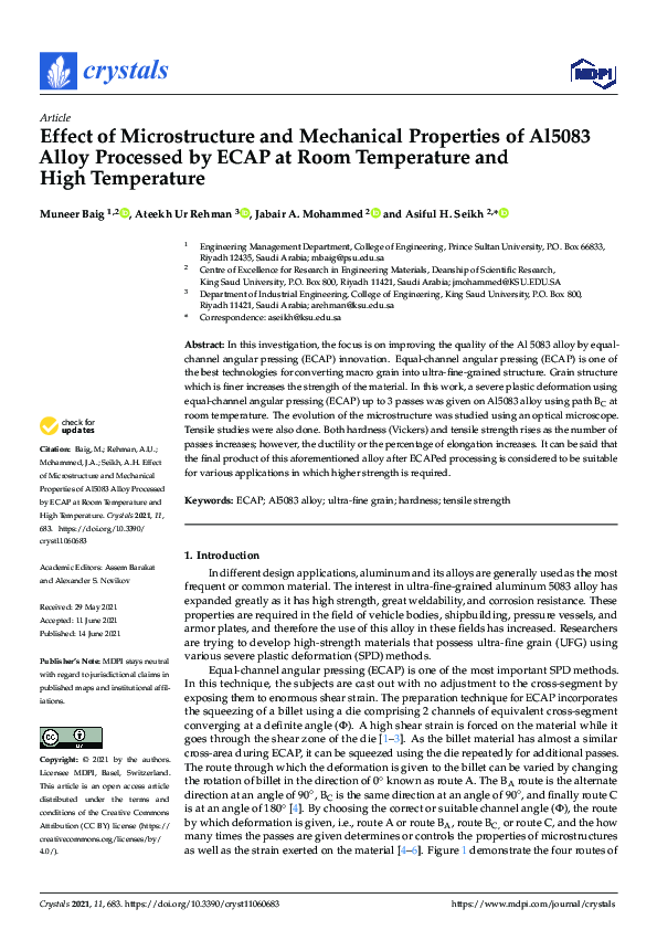 (PDF) Effect of Microstructure and Mechanical Properties of Al5083 Alloy Processed by ECAP at ...