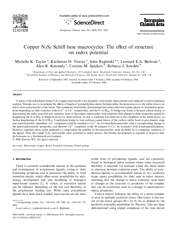 (PDF) Copper N2S2 Schiff base macrocycles: The effect of structure on redox potential