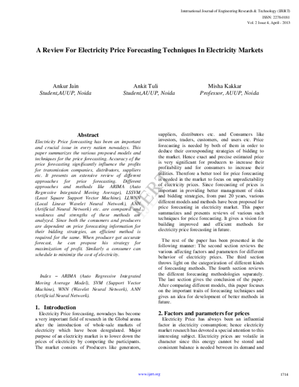 Pdf A Review For Electricity Price Forecasting Techniques In Electricity Markets