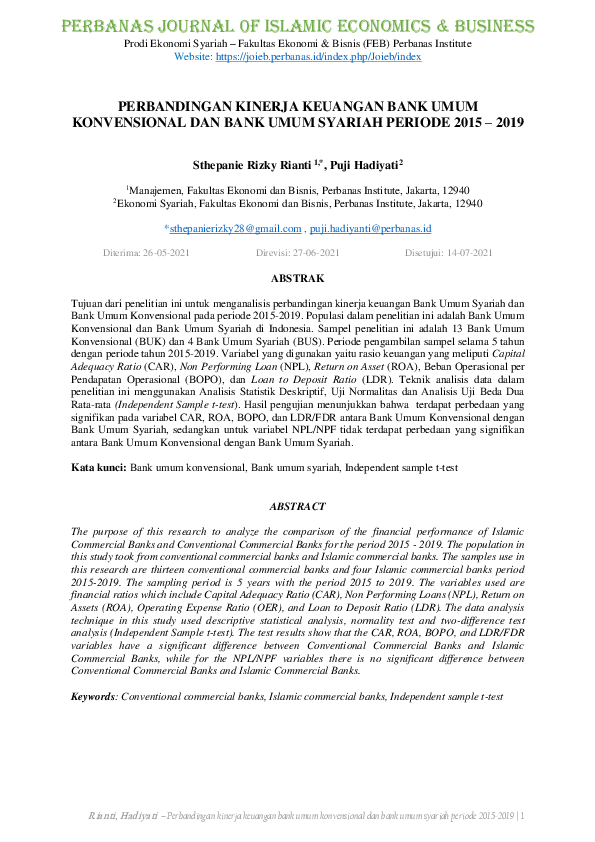 (PDF) Perbandingan Kinerja Keuangan Bank Umum Konvensional Dan Bank Umum Syariah Periode 2015 – 2019