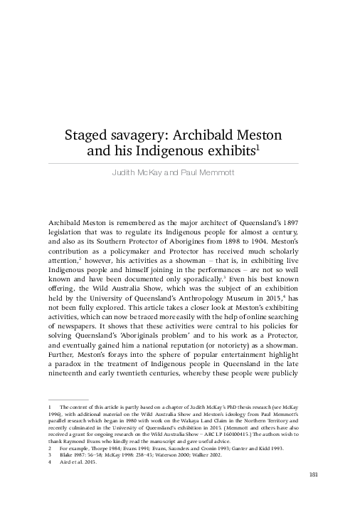 (PDF) Staged savagery: Archibald Meston and his Indigenous exhibits