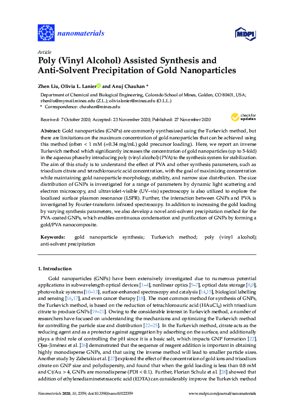 (PDF) Poly (Vinyl Alcohol) Assisted Synthesis and Anti-Solvent ...