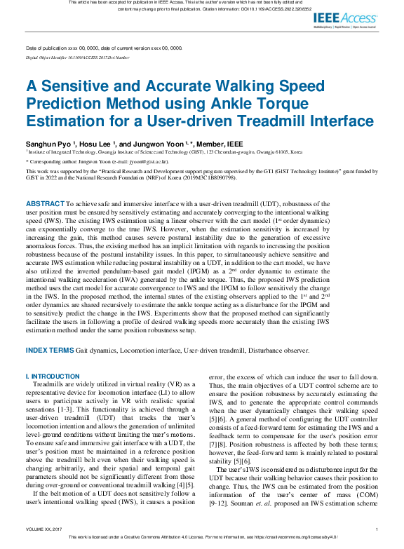 (PDF) A Sensitive and Accurate Walking Speed Prediction Method using Ankle Torque Estimation for ...