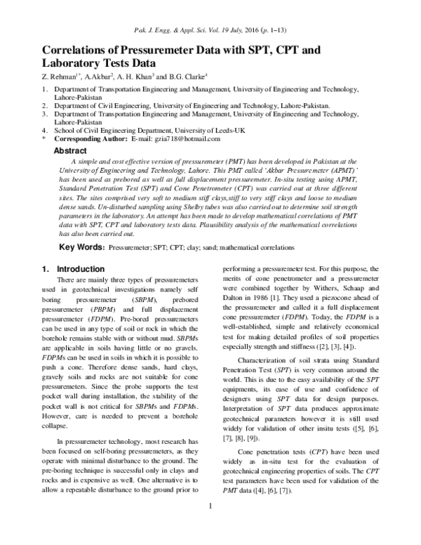 (PDF) Correlations of Pressuremeter Data with SPT, CPT and Laboratory ...