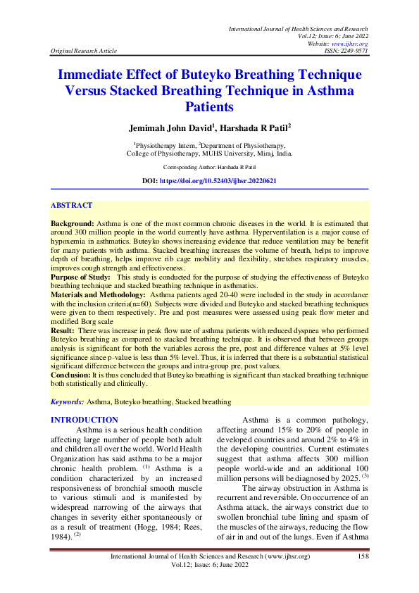 (PDF) Immediate Effect of Buteyko Breathing Technique Versus Stacked ...