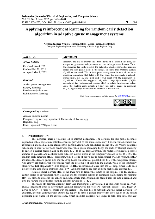Pdf Applying Reinforcement Learning For Random Early Detaction Algorithm In Adaptive Queue 9592