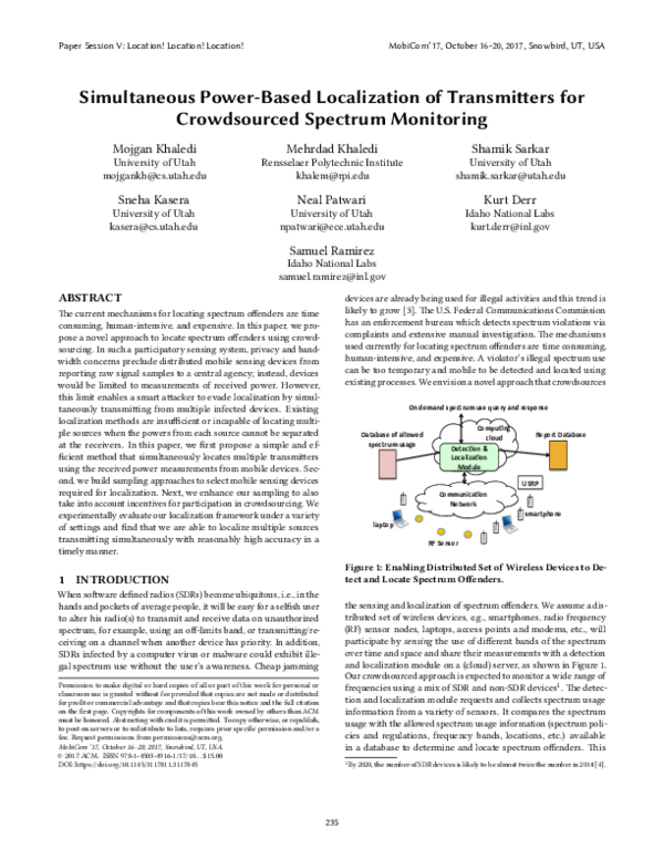 Pdf Simultaneous Power Based Localization Of Transmitters For Crowdsourced Spectrum Monitoring