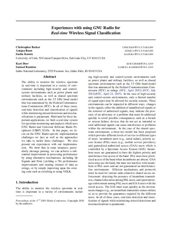 (PDF) Experiences with using GNU Radio for Real-time Wireless Signal Classification