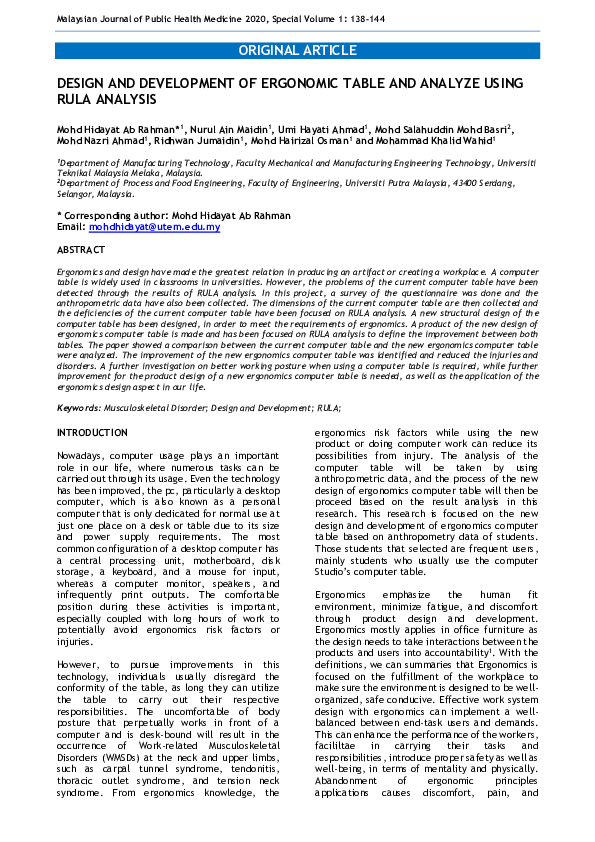 (PDF) Design and Development of Ergonomic Table and Analyze Using Rula ...