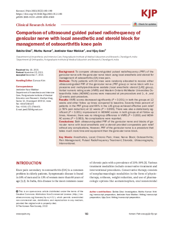 (PDF) Comparison of ultrasound guided pulsed radiofrequency of genicular nerve with local ...