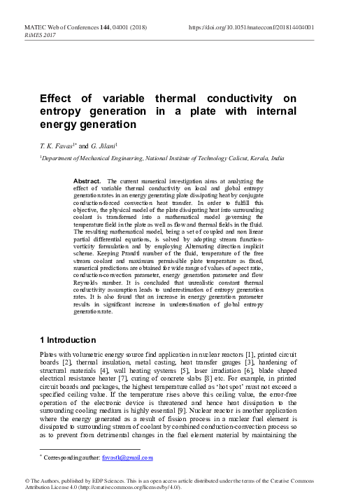 Pdf Effect Of Variable Thermal Conductivity On Entropy Generation In A Plate With Internal