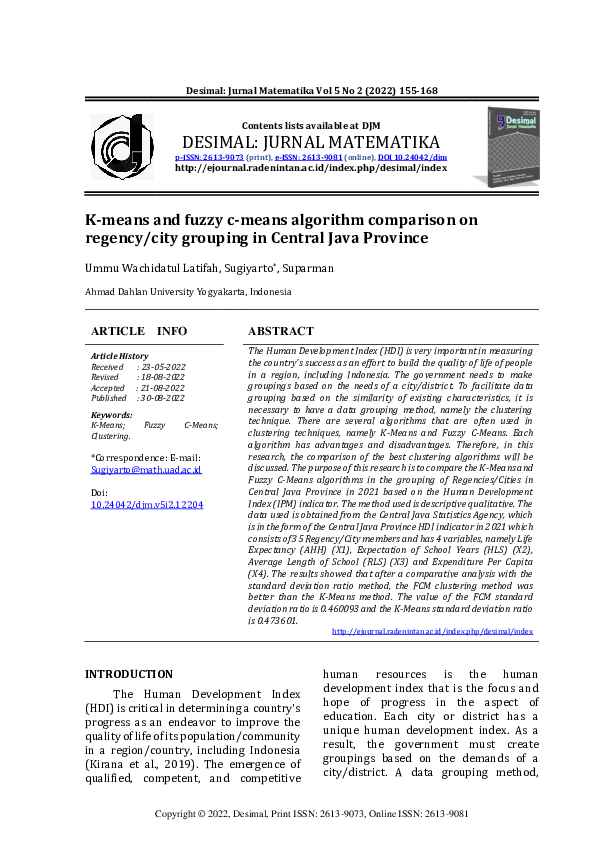 (PDF) K-means and fuzzy c-means algorithm comparison on regency/city grouping in Central Java ...