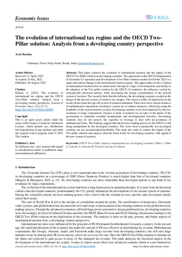 (PDF) The evolution of international tax regime and the OECD Two-Pillar solution: Analysis from ...