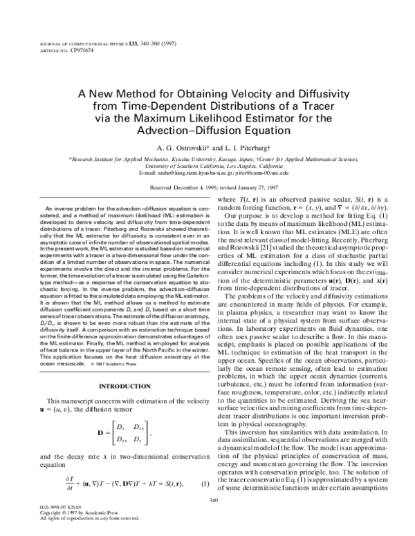 Pdf A New Method For Obtaining Velocity And Diffusivity From Time Dependent Distributions Of A