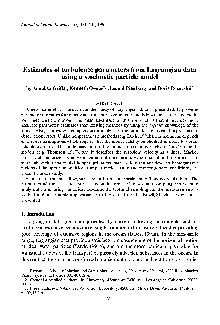 Pdf Estimates Of Turbulence Parameters From Lagrangian Data Using A Stochastic Particle Model