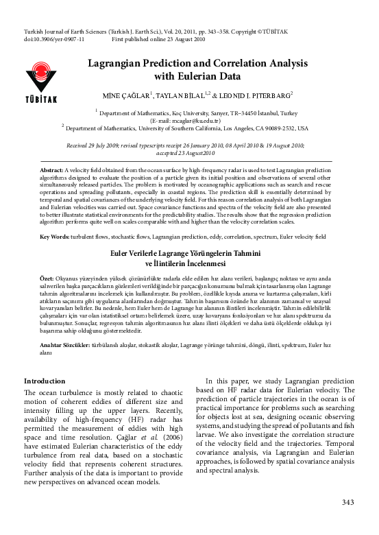 (PDF) Lagrangian Prediction and Correlation Analysis with Eulerian Data