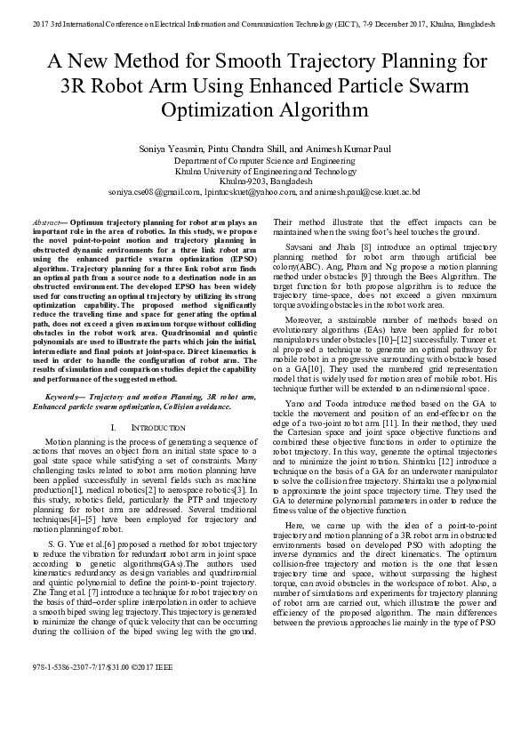 Pdf A New Method For Smooth Trajectory Planning For 3r Robot Arm Using Enhanced Particle Swarm 
