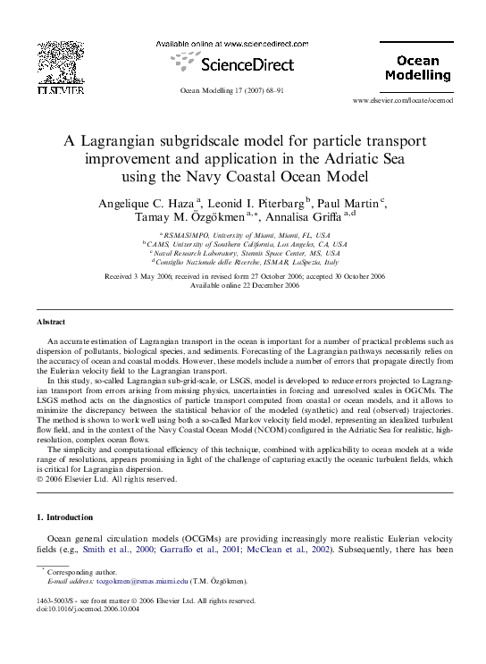 (PDF) A Lagrangian subgridscale model for particle transport improvement and application in the ...