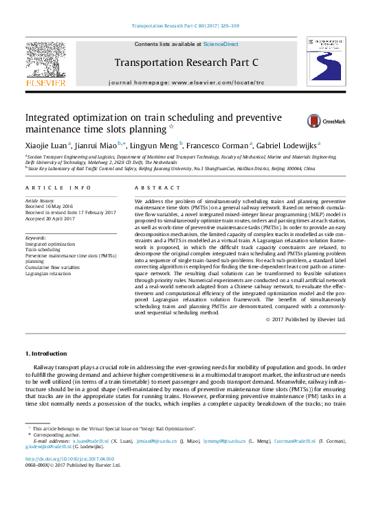(PDF) Integrated optimization on train scheduling and preventive maintenance time slots planning