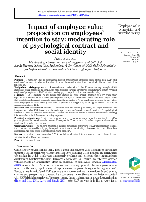 (PDF) Impact of employee value proposition on employees’ intention to stay: moderating role of ...