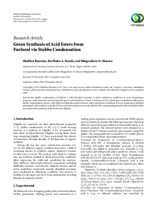 (PDF) Green Synthesis of Acid Esters from Furfural via Stobbe Condensation