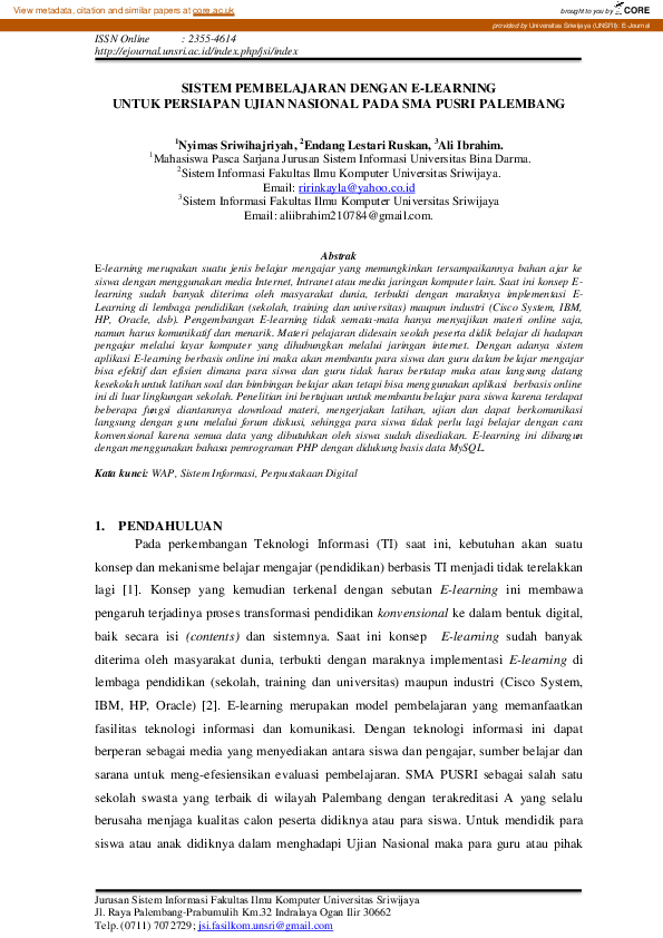 (PDF) Sistem Pembelajaran Dengan E-Learning Untuk Persiapan Ujian Nasional Pada Sma Pusri Palembang