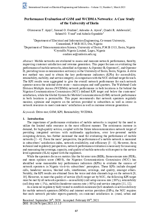 (PDF) Performance Evaluation of GSM and WCDMA Networks: A Case Study of the University of Ilorin