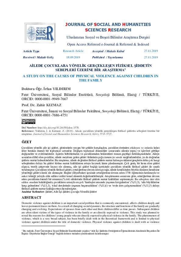 (PDF) Ai̇lede Çocuklara Yöneli̇k Gerçekleşen Fi̇zi̇ksel Şi̇ddeti̇n ...