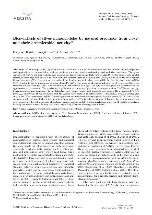 (PDF) Biosynthesis of silver nanoparticles by natural precursor from clove and their ...