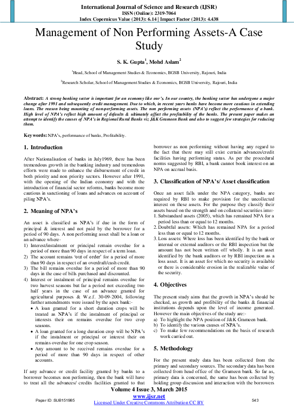 (PDF) Management of Non Performing Assets-A Case Study