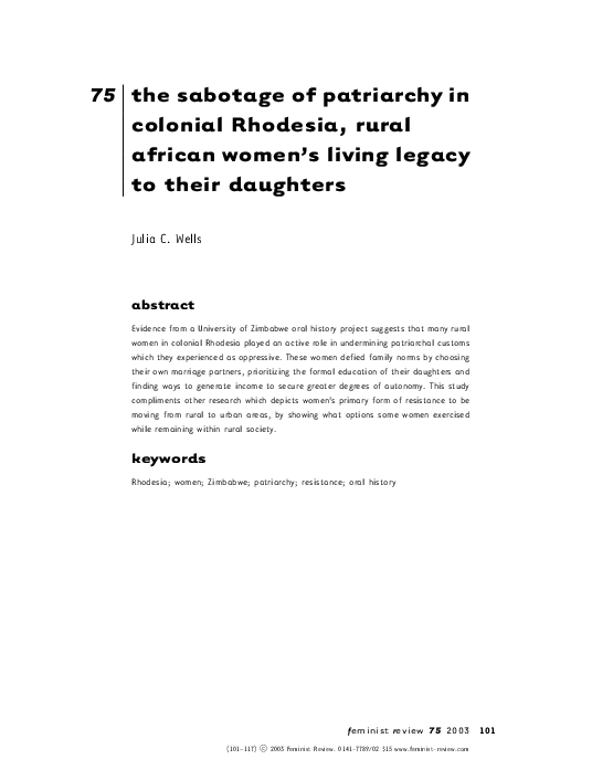 (PDF) The sabotage of patriarchy in colonial Rhodesia, rural african ...