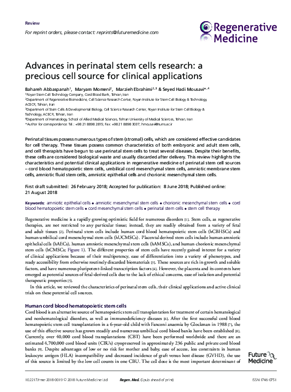 (PDF) Advances in perinatal stem cells research: a precious cell source ...