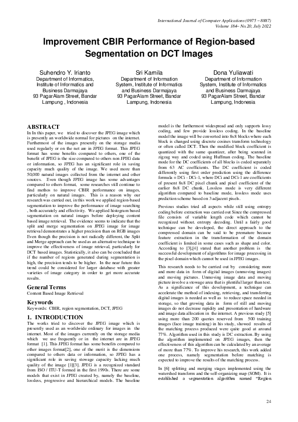 (PDF) Improvement CBIR Performance of Region-based Segmentation on DCT Images