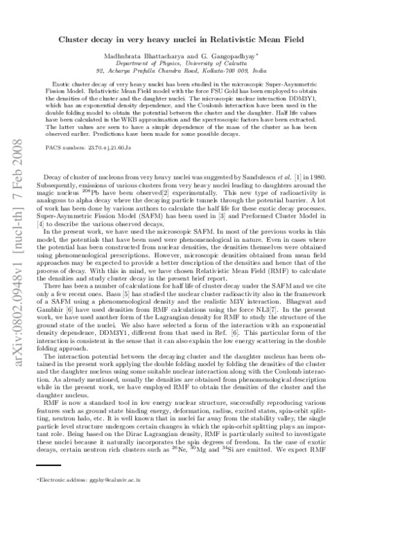 (PDF) Cluster decay in very heavy nuclei in a relativistic mean field model