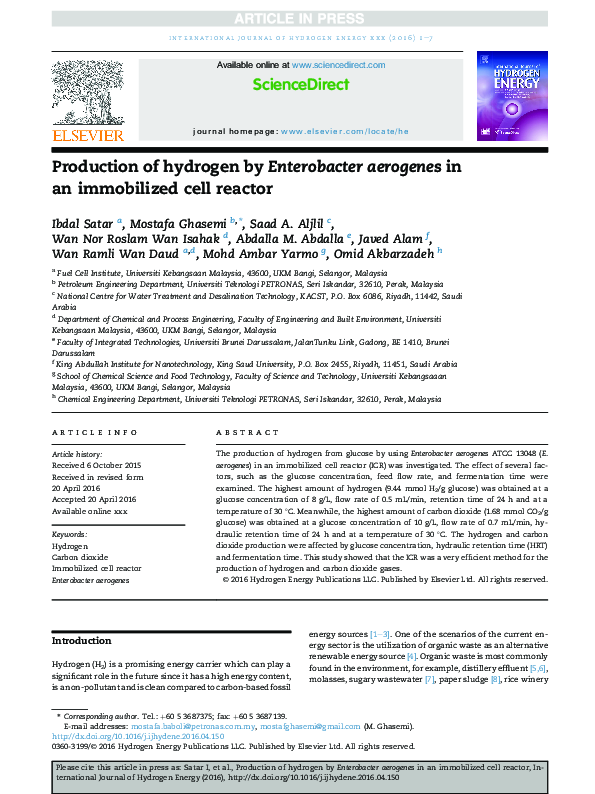 (PDF) Production of hydrogen by Enterobacter aerogenes in an ...