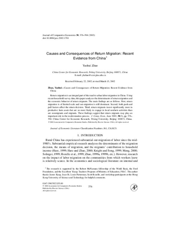(PDF) Causes and Consequences of Return Migration: Recent Evidence from ...