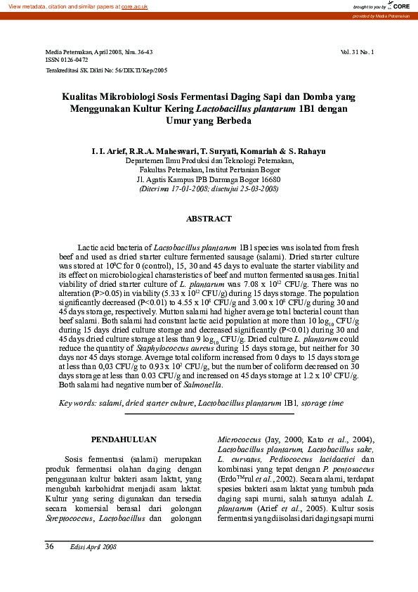 (PDF) Kualitas Mikrobiologi Sosis Fermentasi Daging Sapi dan Domba yang Menggunakan Kultur ...