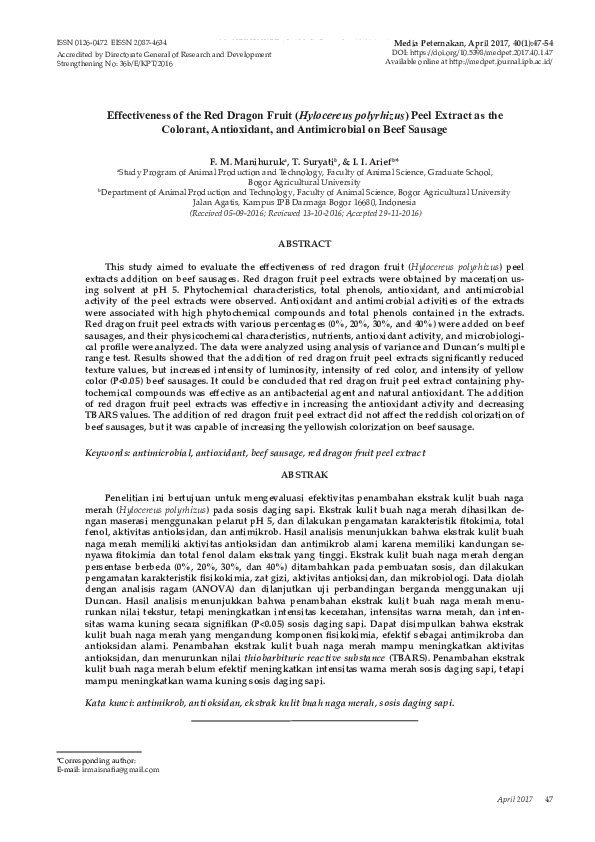 (PDF) Effectiveness of the Red Dragon Fruit (Hylocereus polyrhizus) Peel Extract as the Colorant ...