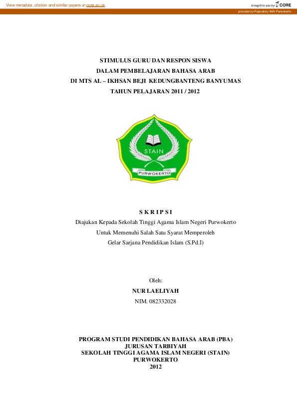 (PDF) Stimulus Guru Dan Respon Siswa Dalam Pembelajaran Bahasa Arab DI ...