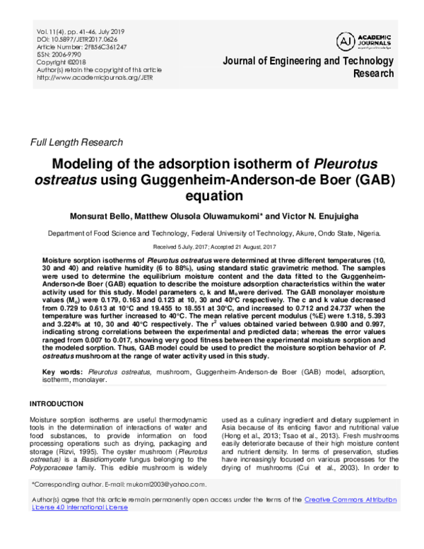 (PDF) Modeling of the adsorption isotherm of Pleurotus ostreatus using ...