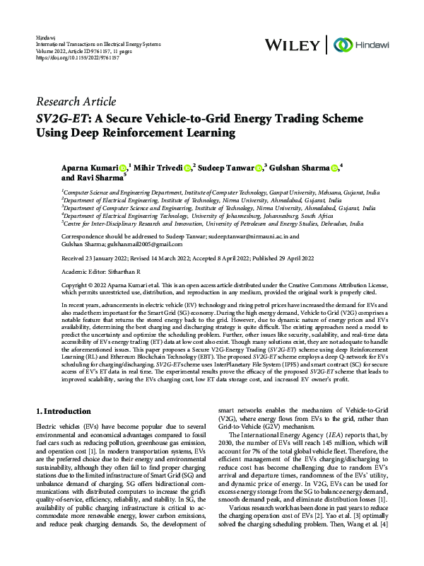 (PDF) SV2G-ET: A Secure Vehicle-to-Grid Energy Trading Scheme Using Deep Reinforcement Learning