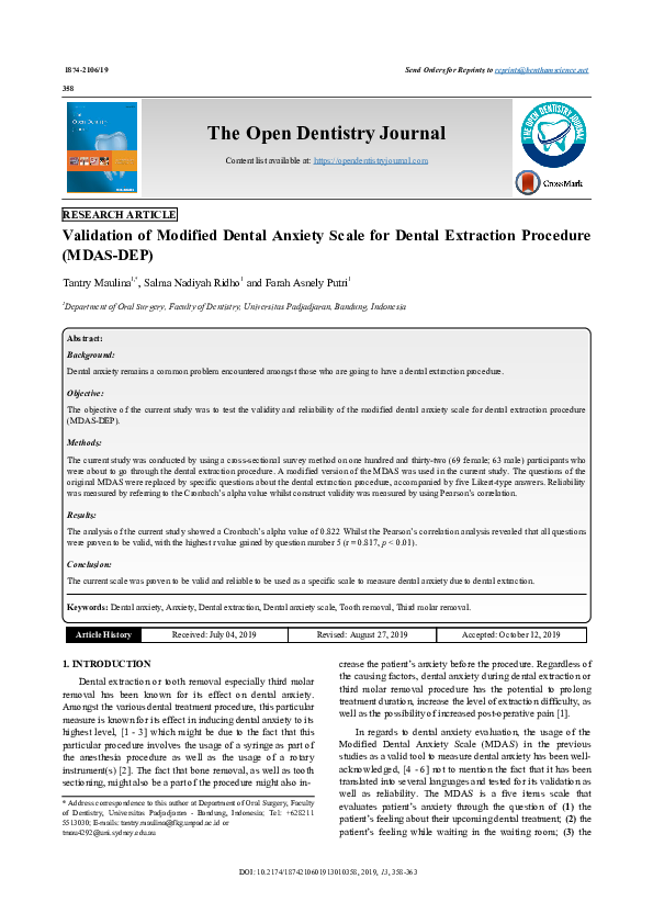 (PDF) Validation of Modified Dental Anxiety Scale for Dental Extraction ...