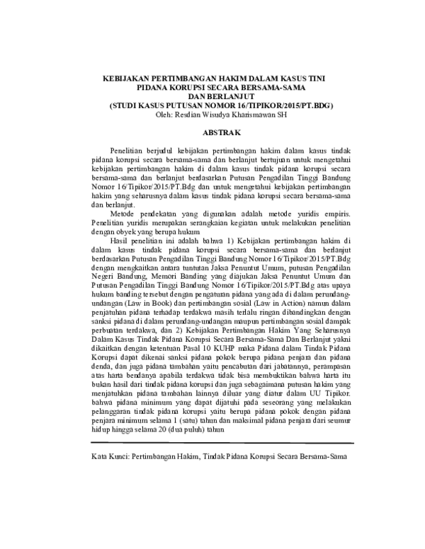 (PDF) ARTIKEL KEBIJAKAN PERTIMBANGAN HAKIM DALAM KASUS TINDAK PIDANA KORUPSI SECARA BERSAMA-SAMA ...