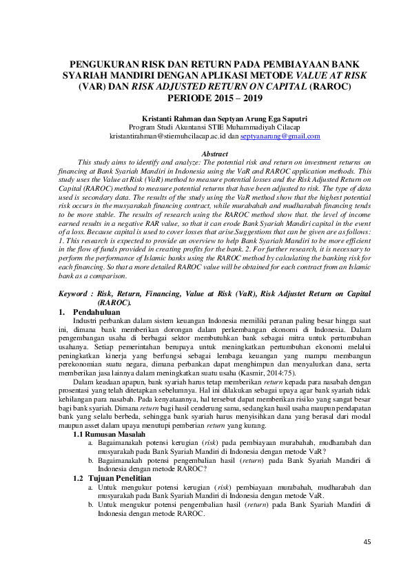 (PDF) Pengukuran Risk Dan Return Pada Pembiayaan Bank Syariah Mandiri ...