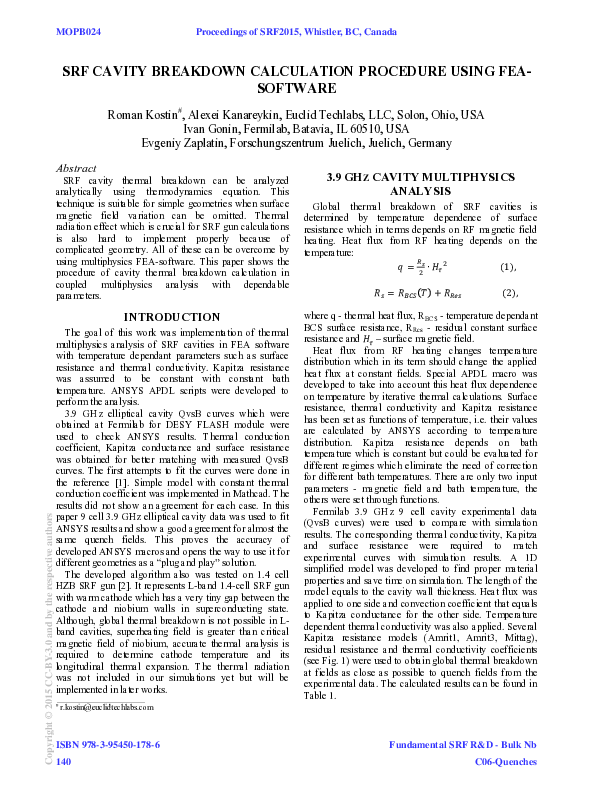 (PDF) SRF Cavity Breakdown Calculation Procedure Using FEA-Software