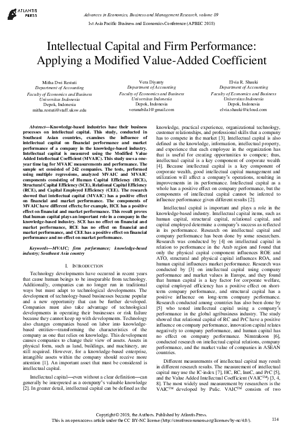 (PDF) Intellectual Capital and Firm Performance: Applying a Modified Value-Added Coefficient
