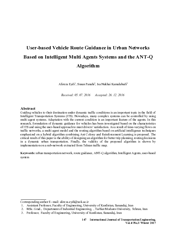 (PDF) User-based Vehicle Route Guidance in Urban Networks Based on Intelligent Multi Agents ...