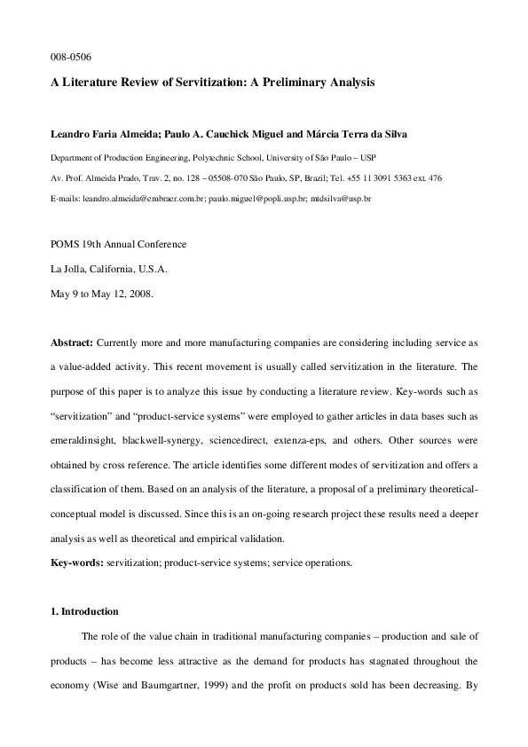 (PDF) A Literature Review on Servitization: A Preliminary Analysis