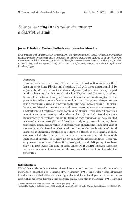 (PDF) Science learning in virtual environments: a descriptive study