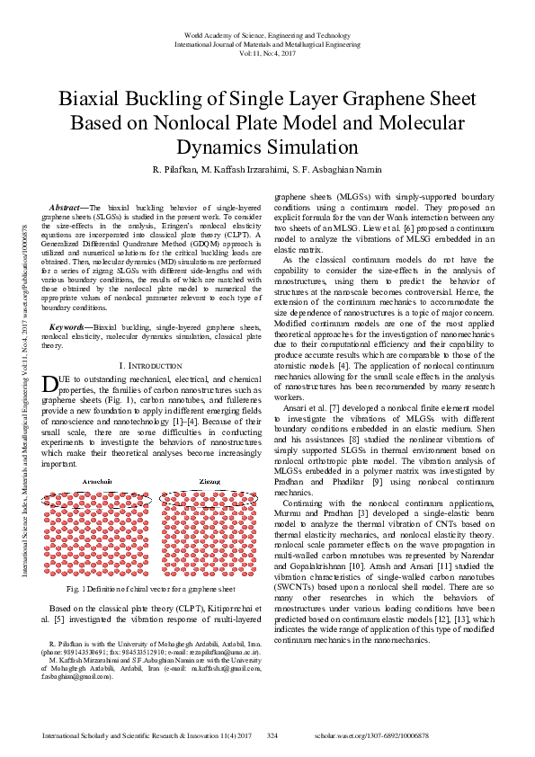 Biaxial Buckling Of Single Layer Graphene Sheet Based On Nonlocal Plate Model And Molecular ...